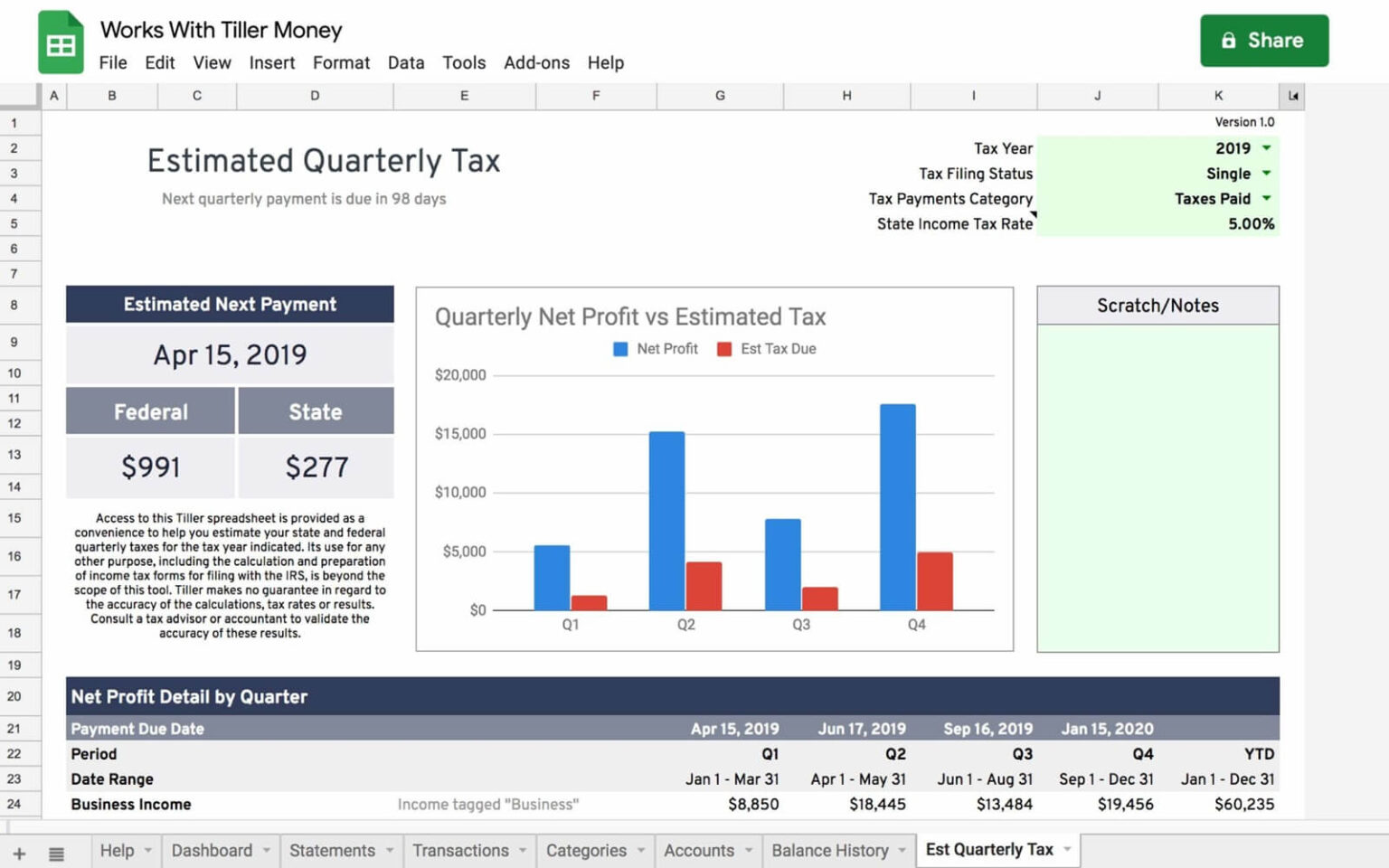 Estimated Quarterly Tax Spreadsheet - Tiller