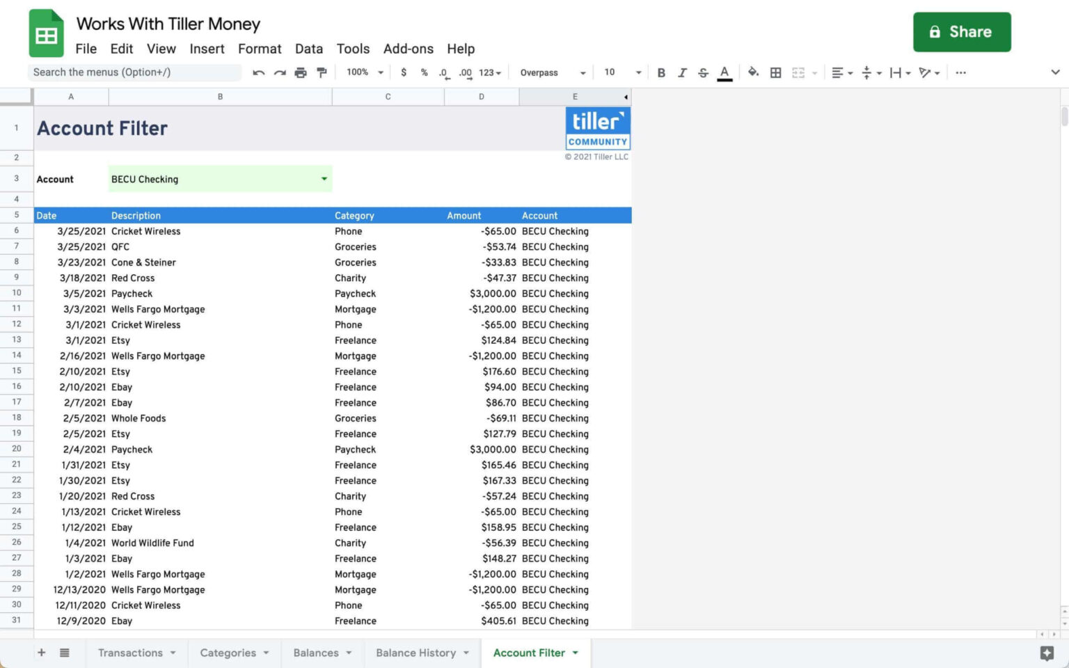 Account Filter For Google Sheets - Tiller