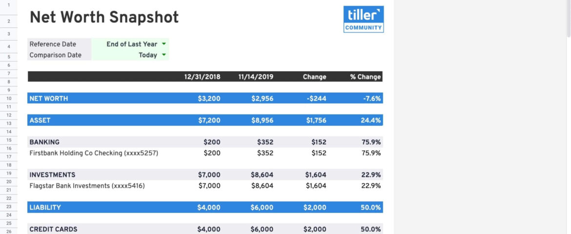 Net Worth Snapshot Sheet - Tiller
