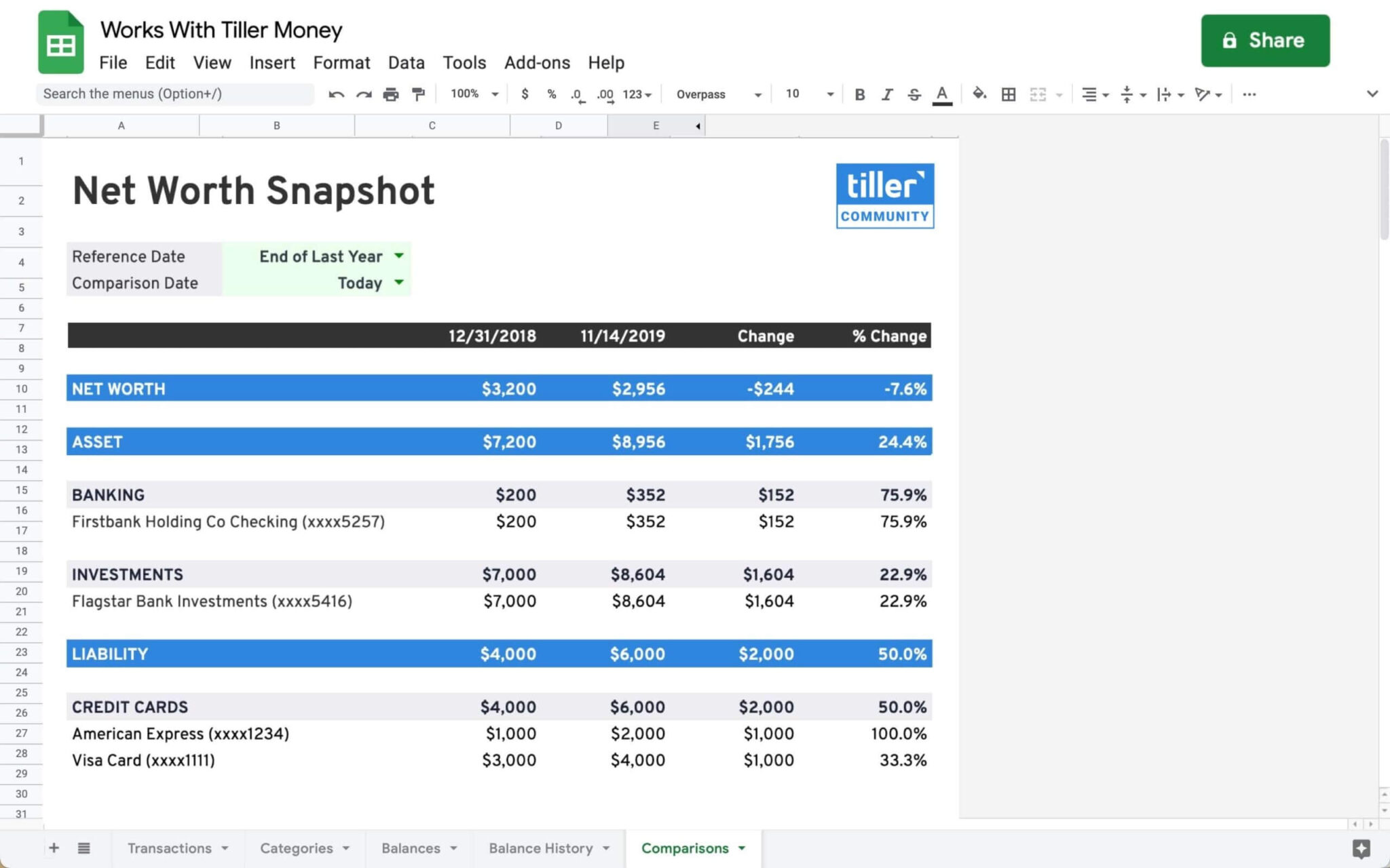 Net Worth Snapshot Sheet - Tiller