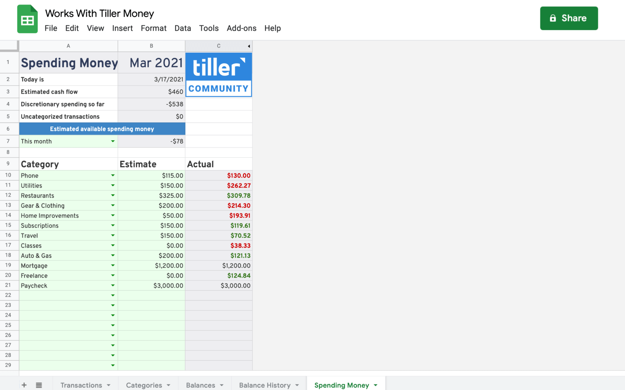 Available Spending Money Report For Google Sheets - Tiller