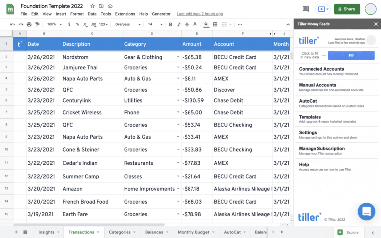 Tiller Foundation Template For Google Sheets - Tiller
